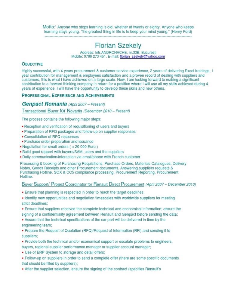 CV - Florian Szekely | PDF | Procurement | Microsoft Excel