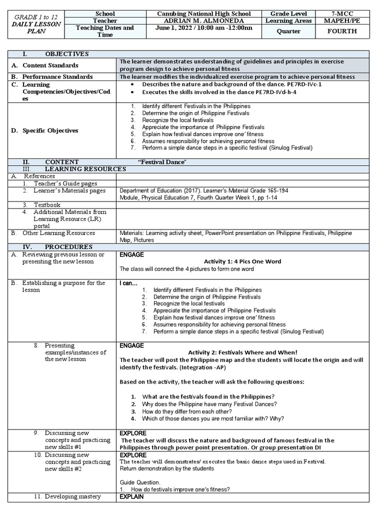 Lesson Plan in PE7 Q4 Philippine Festivals | PDF | Teachers | Learning