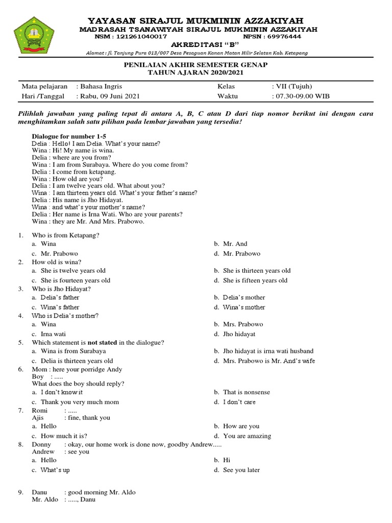 Soal Pas Bing MTS KLS 7 | PDF | Writing Implements