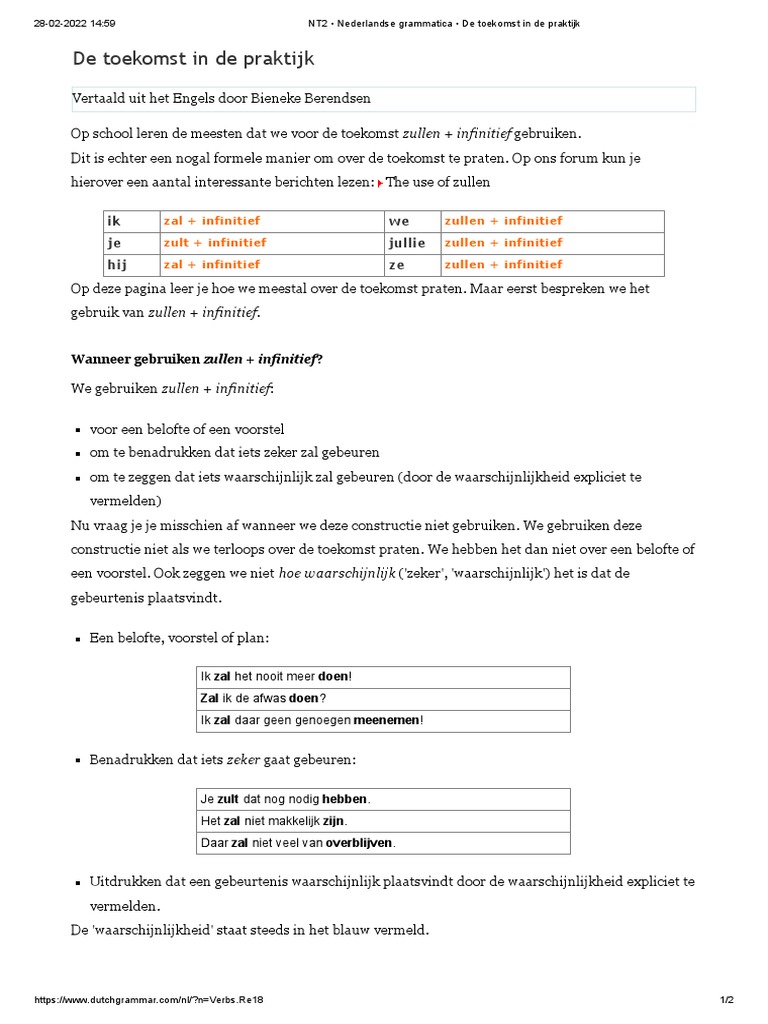 NT2 - Nederlandse Grammatica - de Toekomst in de Praktijk | PDF