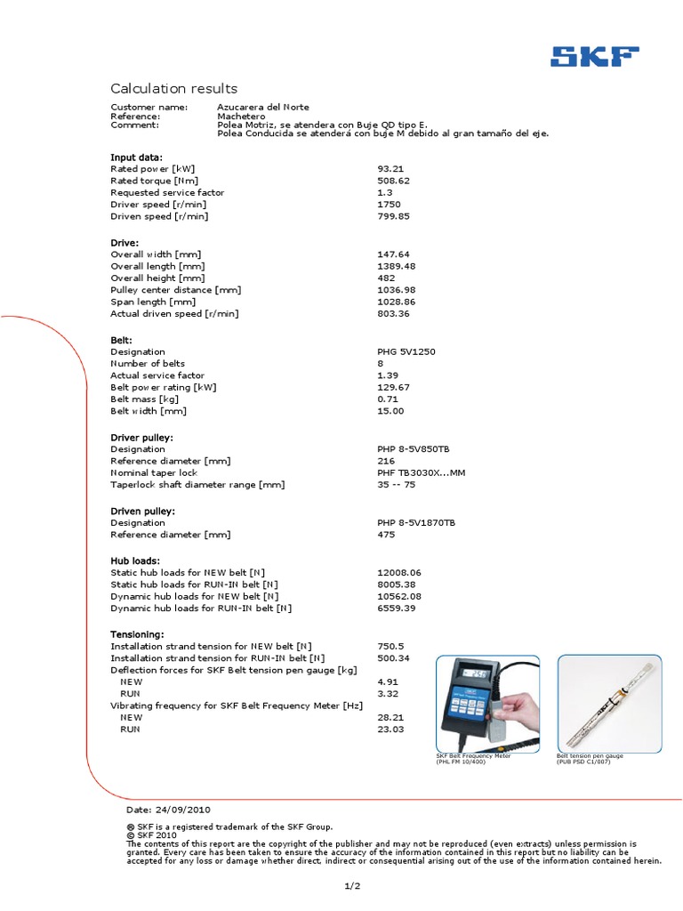 Calculation Results: SKF Belt Frequency Meter (PHL FM 10/400) Belt ...