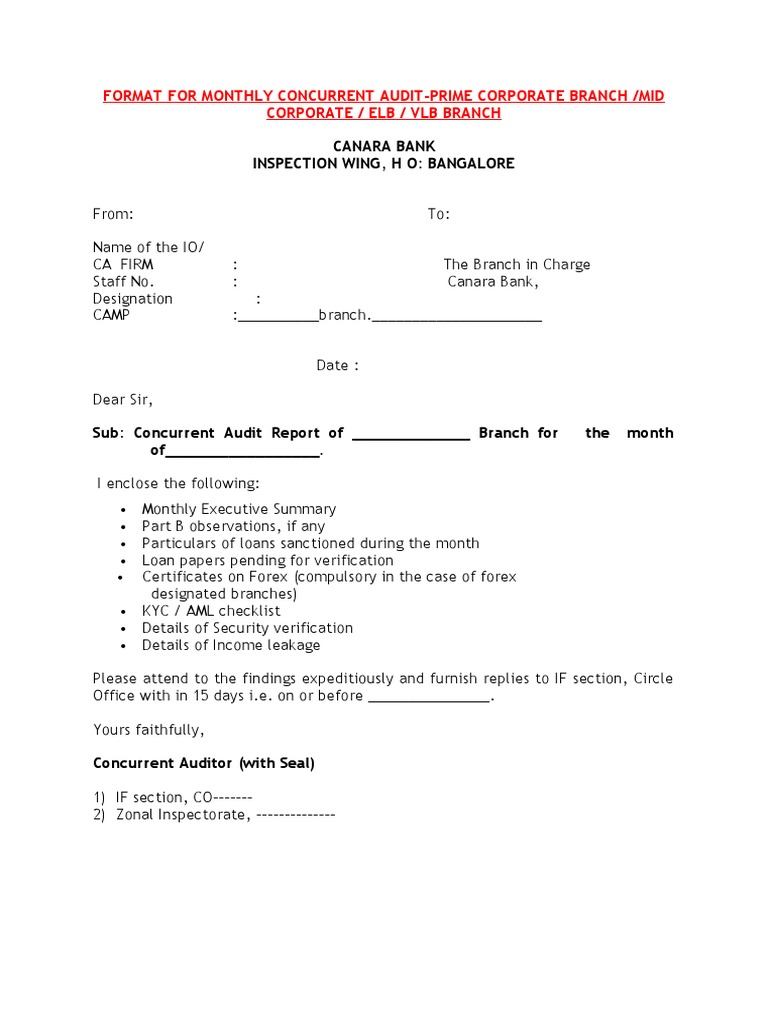 Monthly Concurrent Audit Format for Canara Bank | PDF | Automated ...