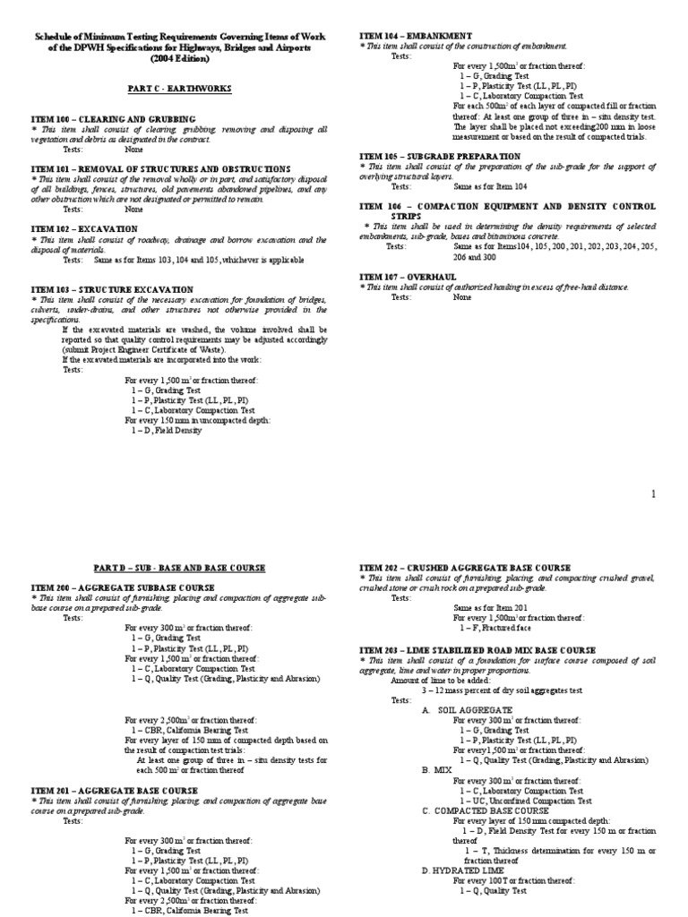 Dpwh Schedule Of Minimum Testing Requirements Pdf Concrete Road