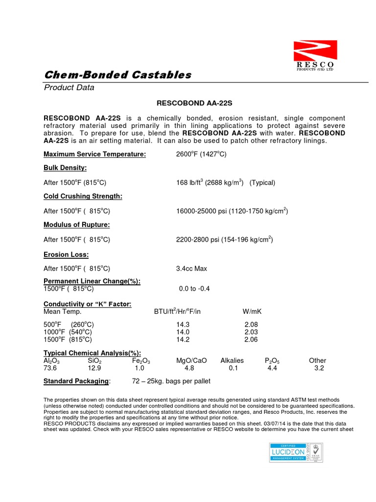 UK - Rescobond AA22S | PDF | Refractory | Materials