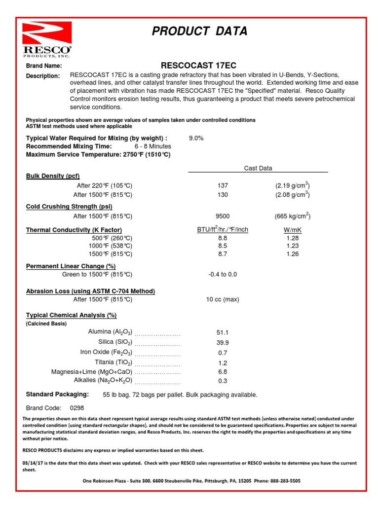 Rescocast 17EC | PDF | Density | Aluminium Oxide