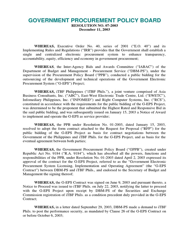 GPPB Resolution No. 07-2003 | PDF | Procurement | Request For Proposal