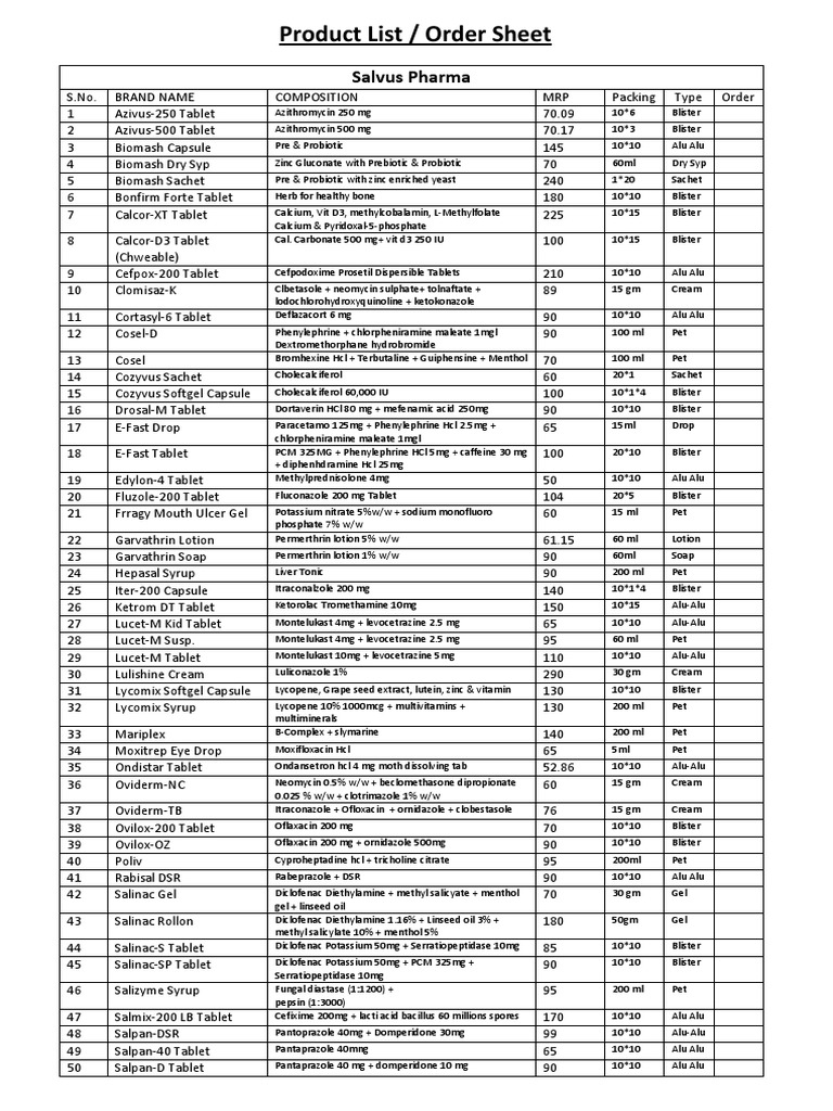 Salvus Pharma Product List: An Order Sheet Detailing 64 Medications ...