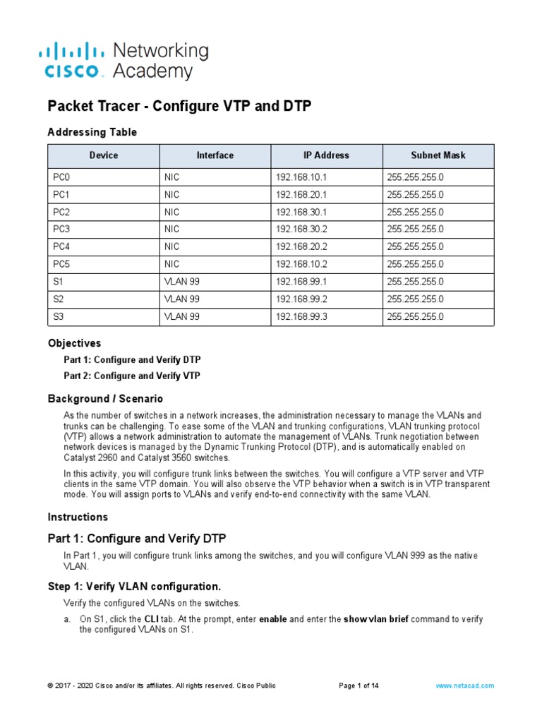 5.2.1 Packet Tracer - Configure VTP and DTP | PDF | Computer Network | Computer Science