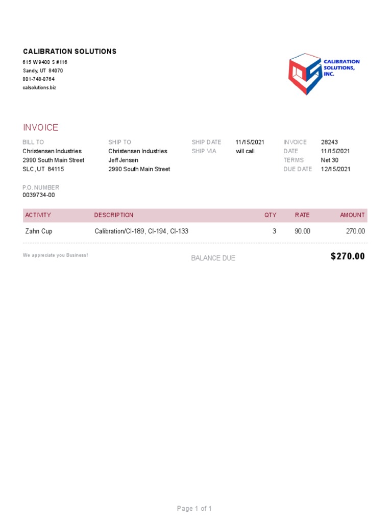 Invoice: Calibration Solutions | PDF