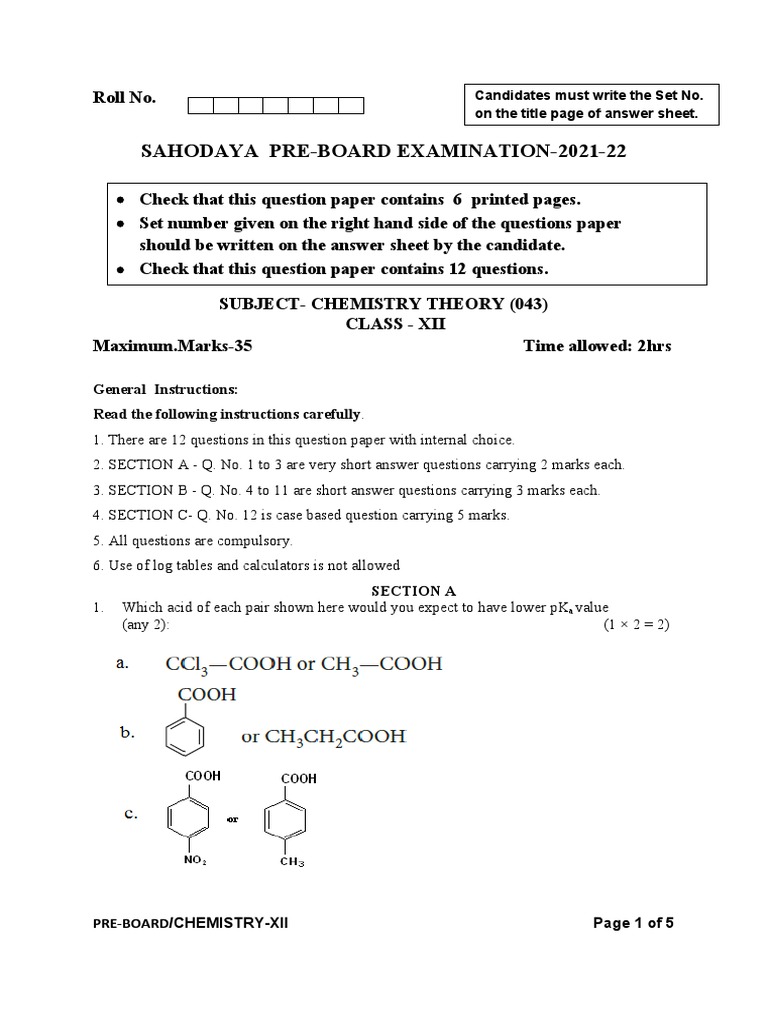 PRE BOARD QUESTION Paper Chem | PDF | Membrane Potential | Chemistry