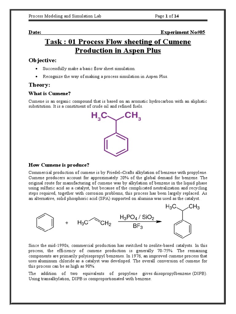Task: 01 Process Flow Sheeting of Cumene Production in Aspen Plus | PDF ...
