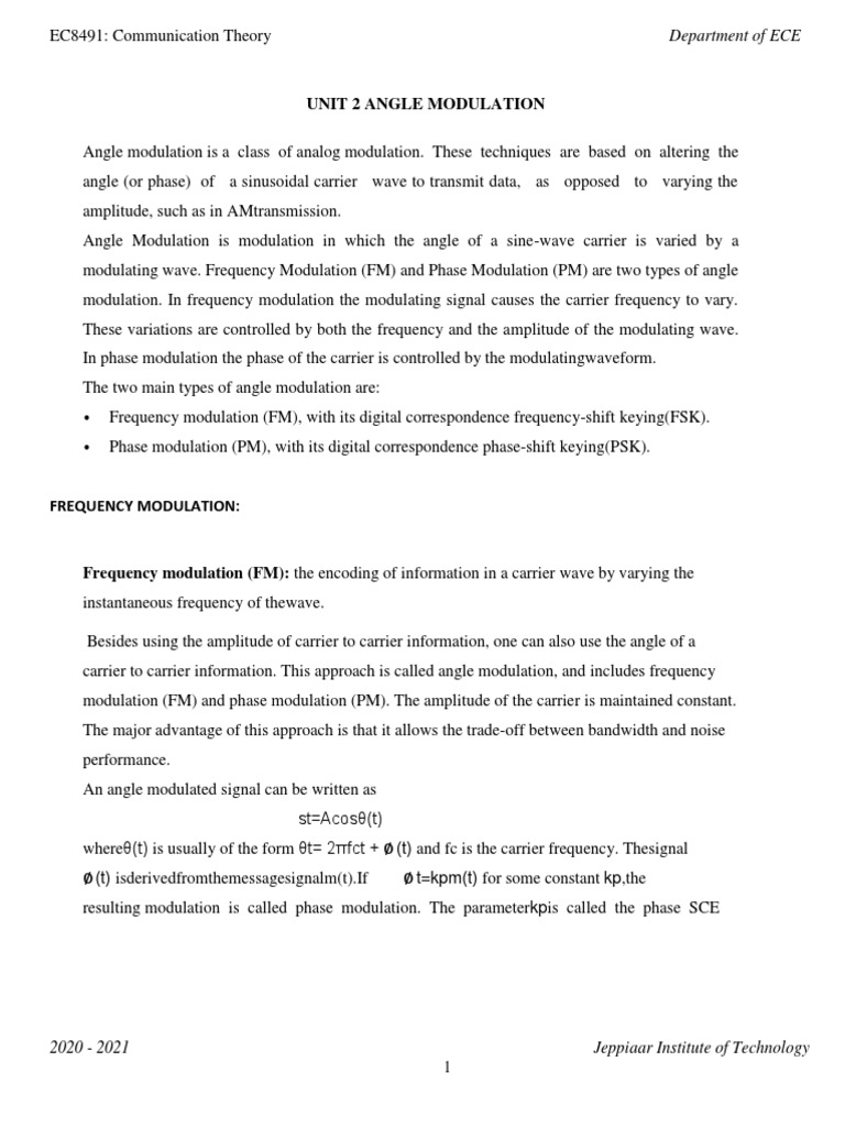 Unit 2 Angle Modulation | PDF | Frequency Modulation | Modulation