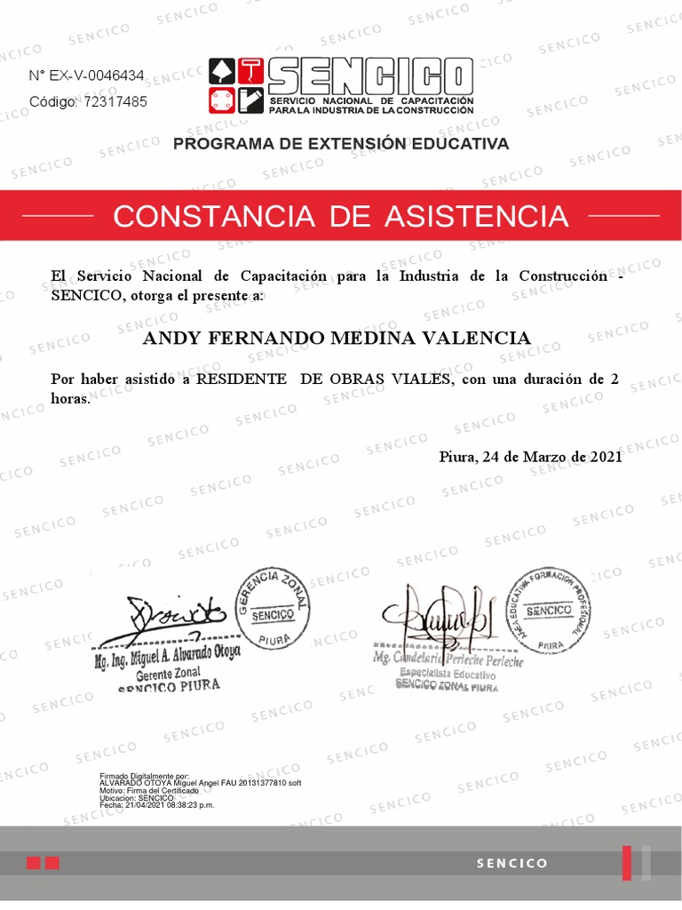 Certificado SENCICO: Obras Viales | PDF