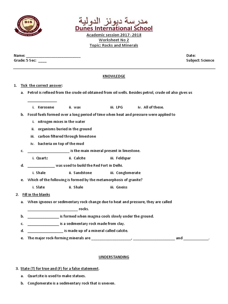 Class 5 Rocks and Minerals Worksheet | PDF | Rock (Geology ...