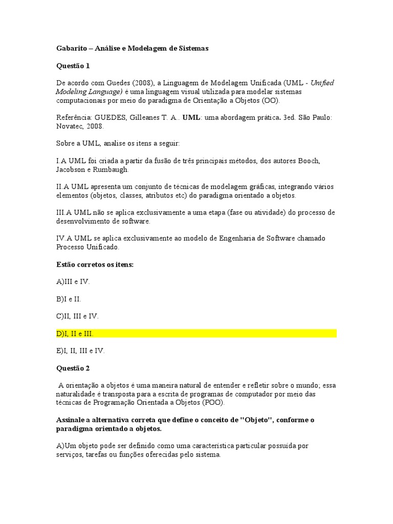 Gabarito - Análise e Modelagem de Sistemas | PDF | Linguagem de ...