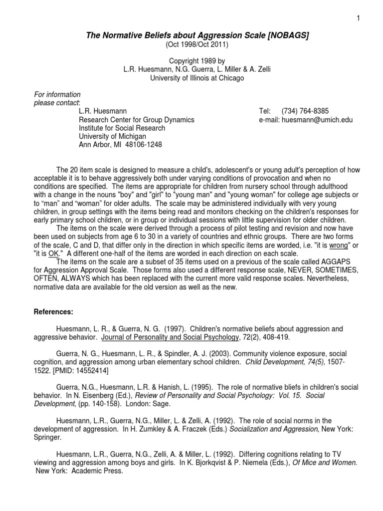The Normative Beliefs About Aggression Scale (NOBAGS) : For Information ...