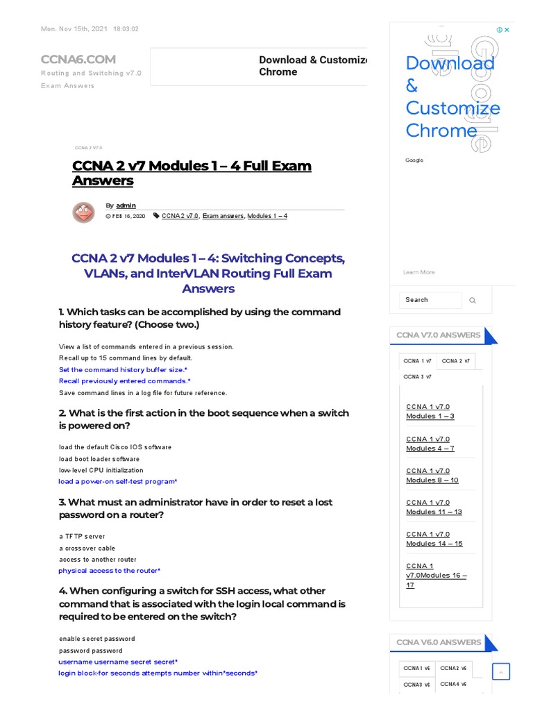CCNA 2 v7 Modules 1 - 4 Full Exam Answers | PDF | Computer Network | I Pv6