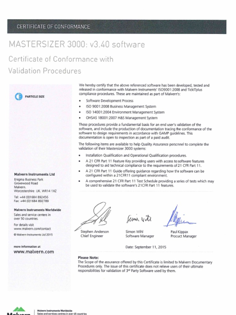 Mastersizer 3000 Software Certificate of Conformance (v3.40) | PDF