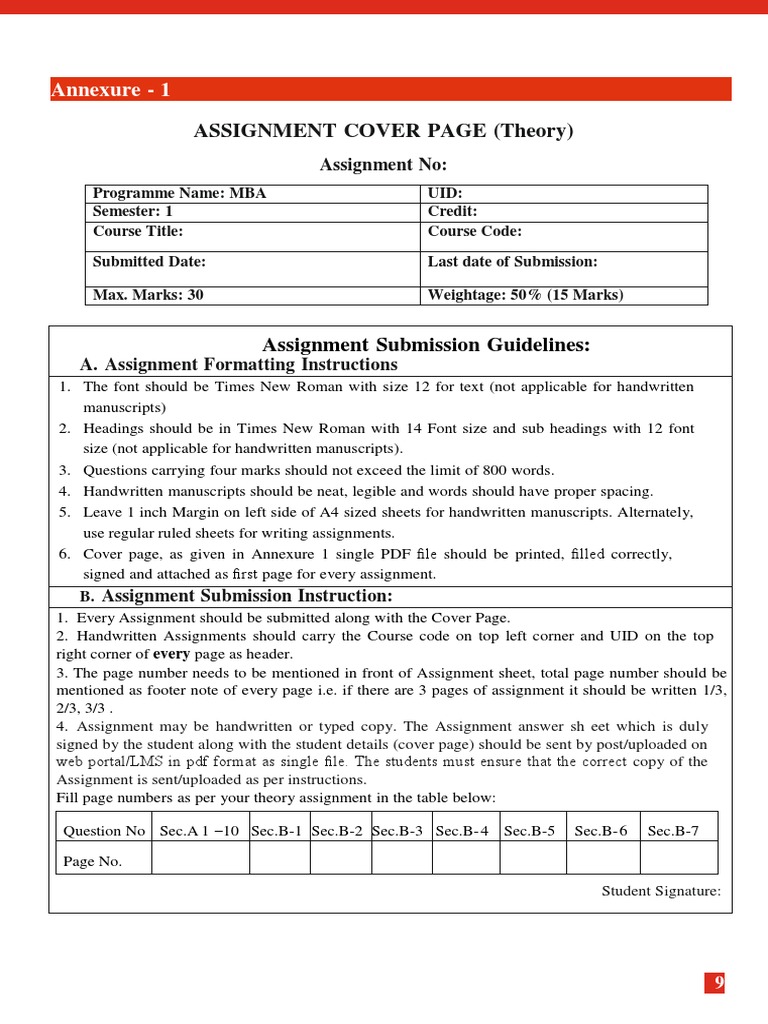 Assignment Cover Page (Theory) : Annexure - 1 | PDF