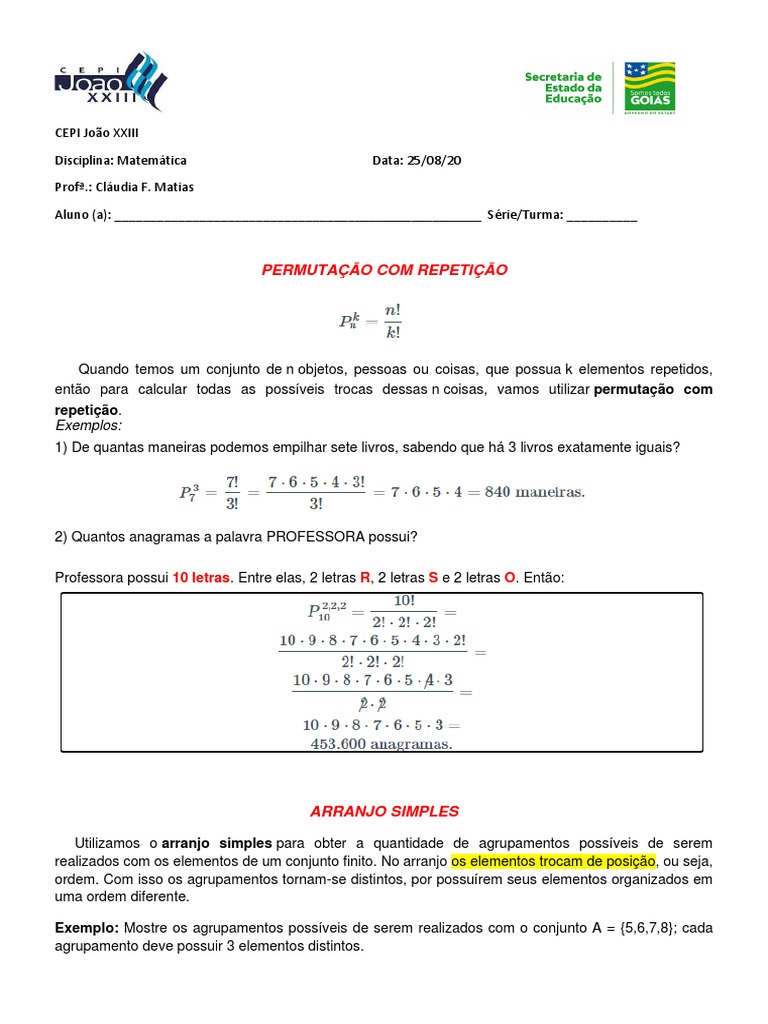 Resumo - Permutação Com Repetição e Arranjo | PDF | Permutação ...