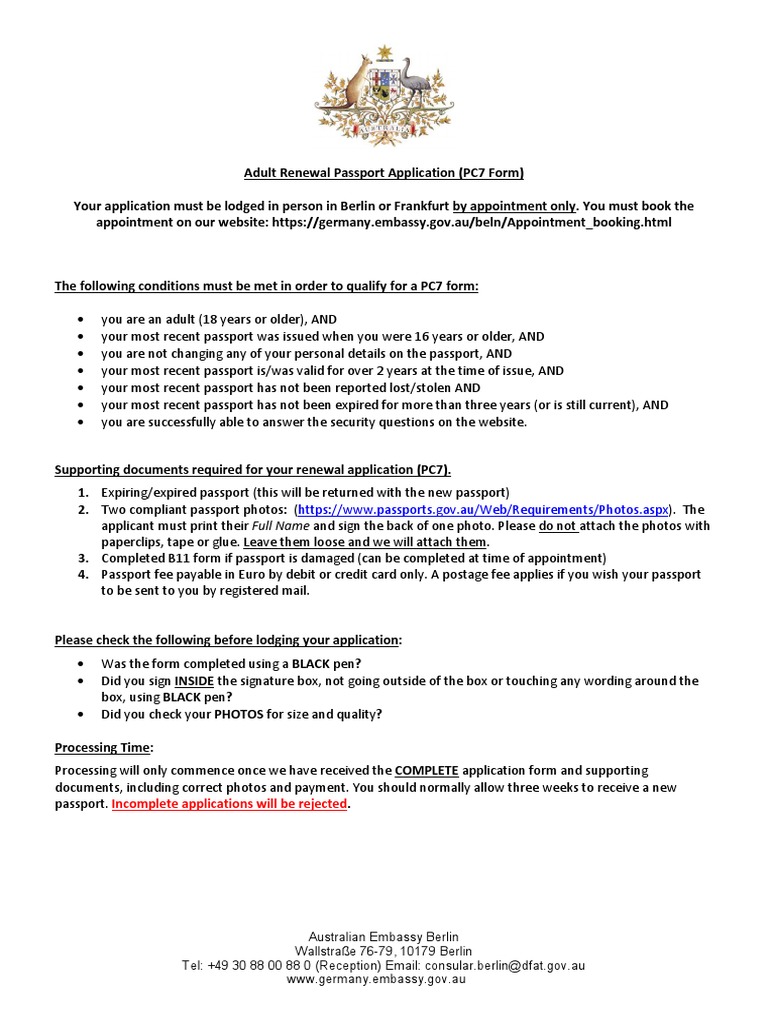 Australian Passport Overseas Renewal Application (PC7) | PDF