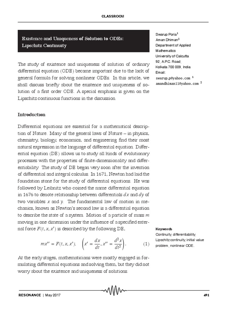 Existence and Uniqueness of Solution To Odes: Lipschitz Continuity ...