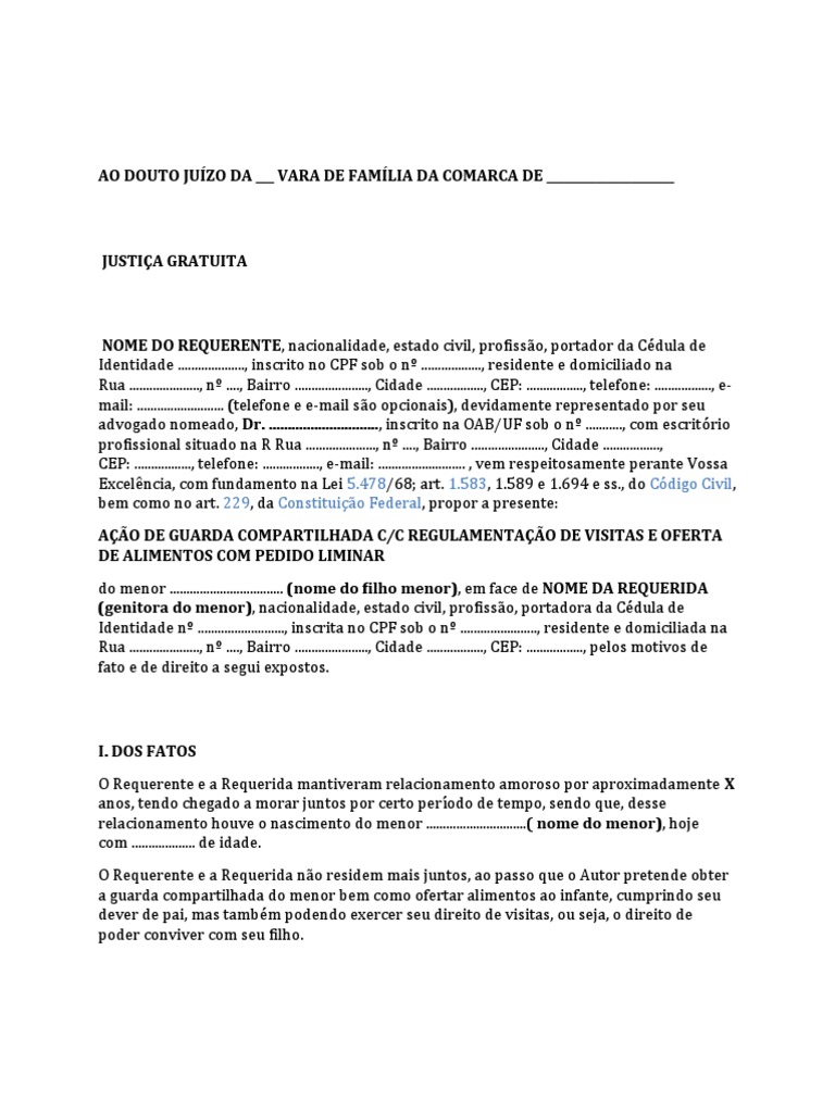 Modelo Acao de Guarda Compartilhada C C Regulamentacao de Visitas e ...