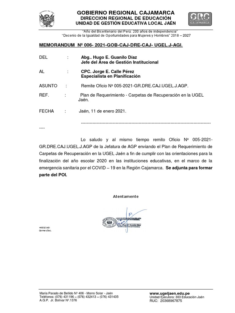 Memo 006-21 Jorge Calle | PDF | Educación primaria | Perú