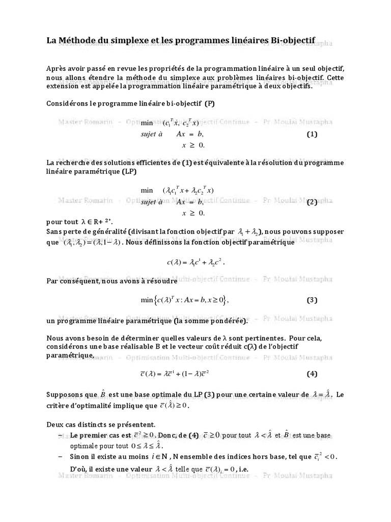 Simplexe Paramétrique Biobjectif - Actualisé | PDF | Optimisation linéaire | Analyse mathématique
