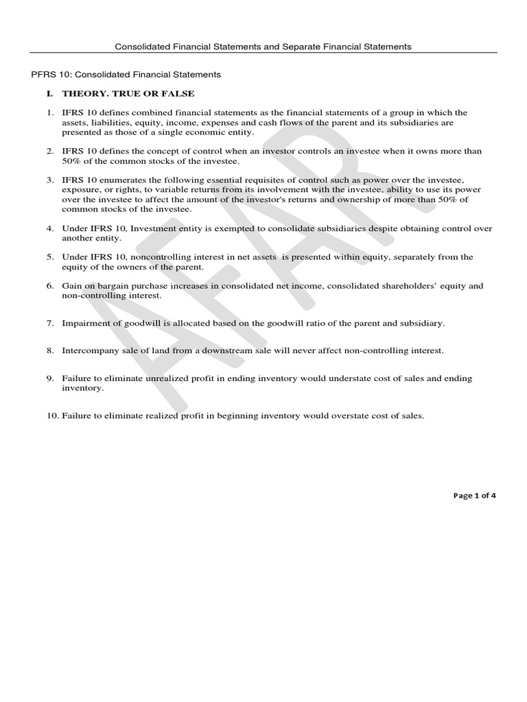 I. Theory. True or False: Consolidated Financial Statements and ...