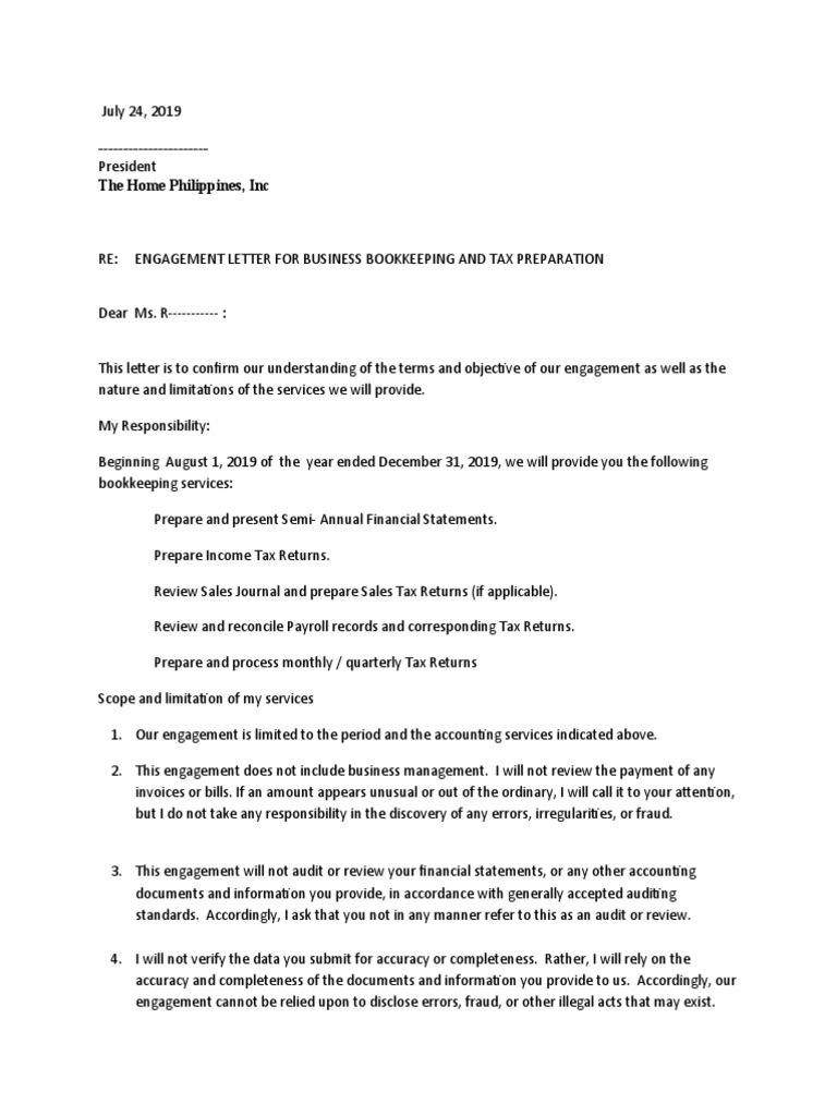 Sample Bookkeeping Engagement Letter | Download Free PDF | Internal ...
