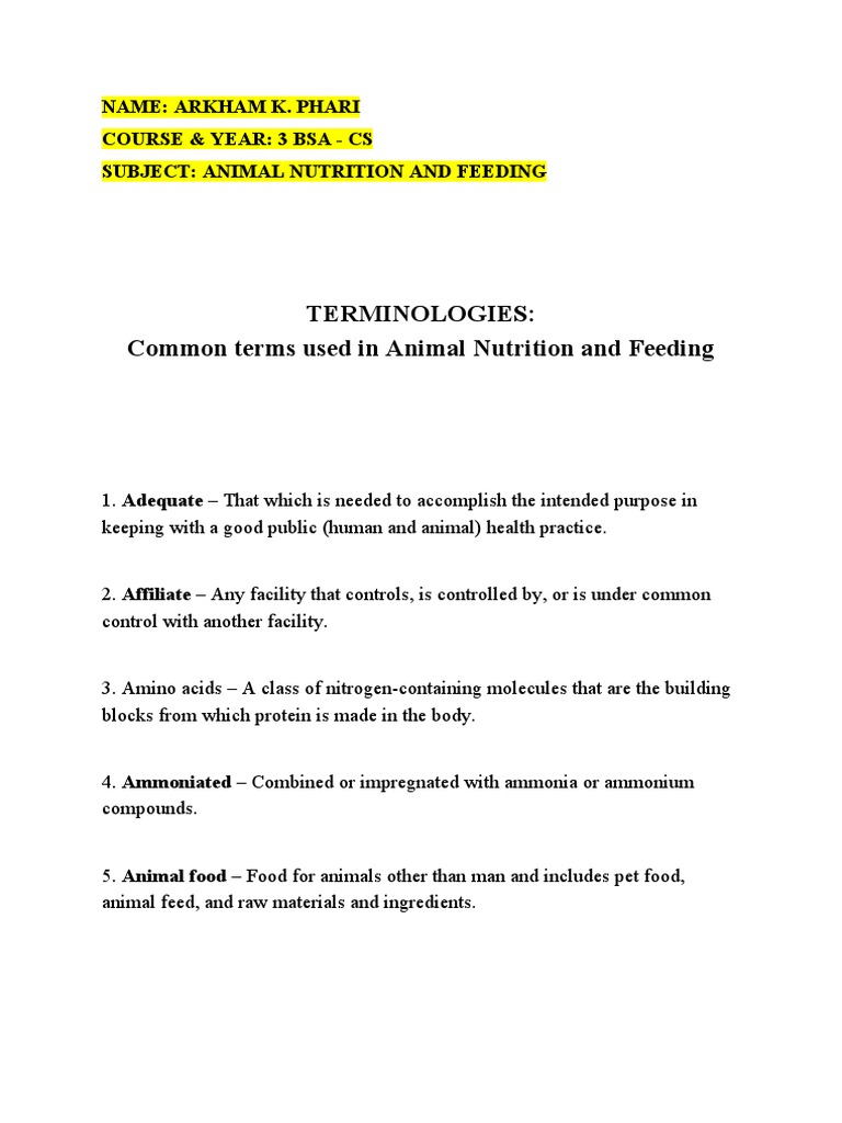 Terminologies: Common Terms Used in Animal Nutrition and Feeding | PDF ...