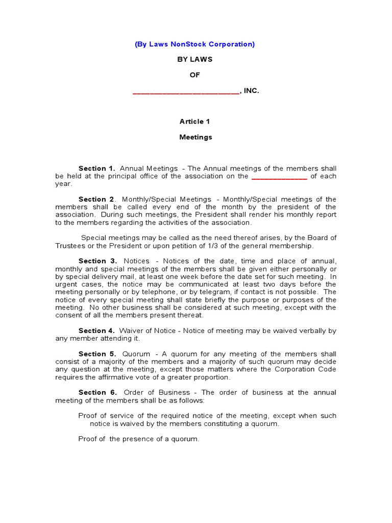 Non-Stock Corporation Bylaws Guide | PDF | Board Of Directors | Governance