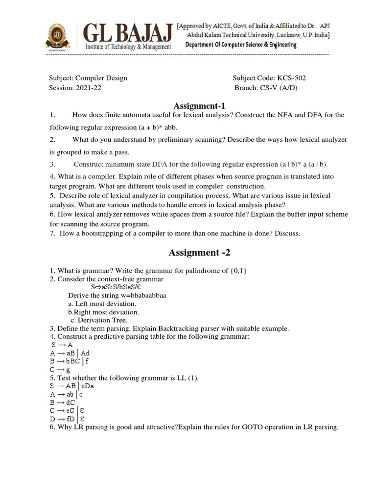 CD Assignments Unit Wise | PDF | Parsing | Compiler
