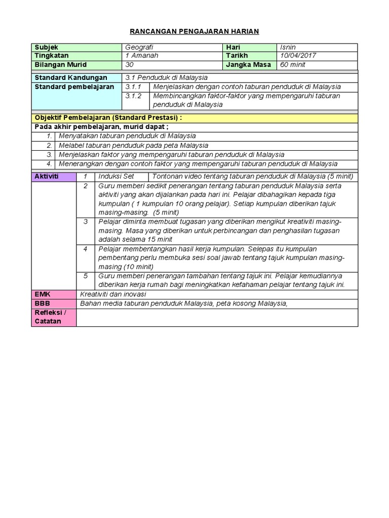 Sample RPH Geografi Tingkatan 1 | PDF