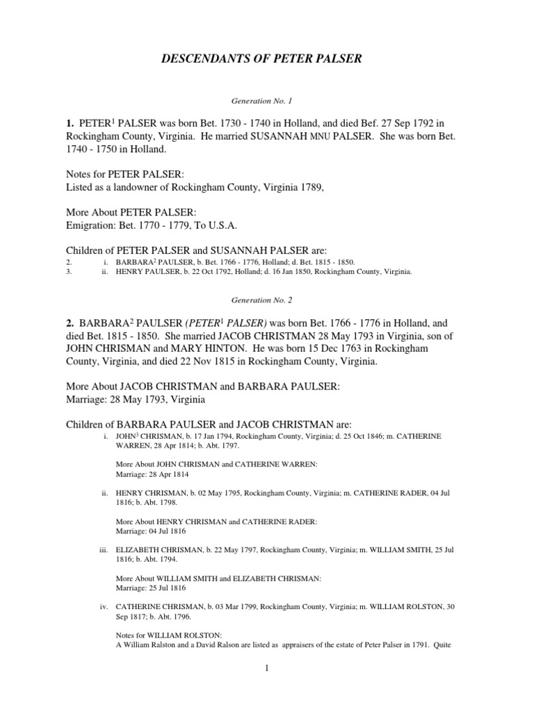 Descendants of of Peter Palser | PDF