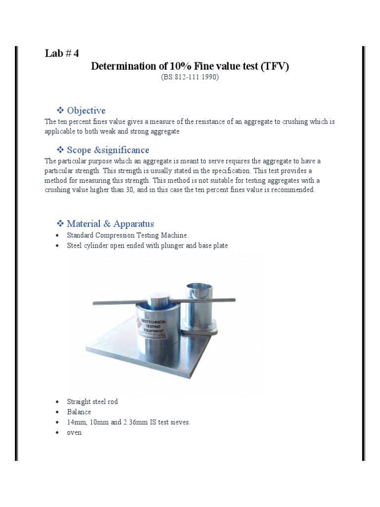 Lab # 4 Determination of 10% Fine Value Test (TFV) : Objective Scope ...