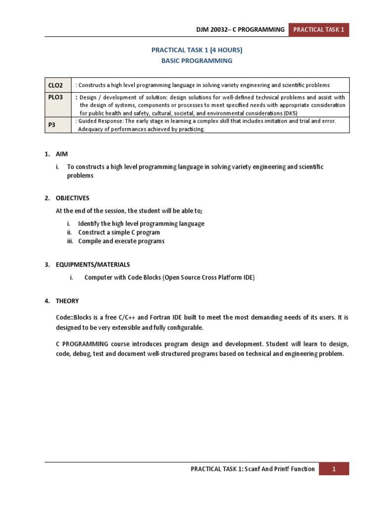 Practical Task 1 (4 Hours) Basic Programming | Download Free PDF ...