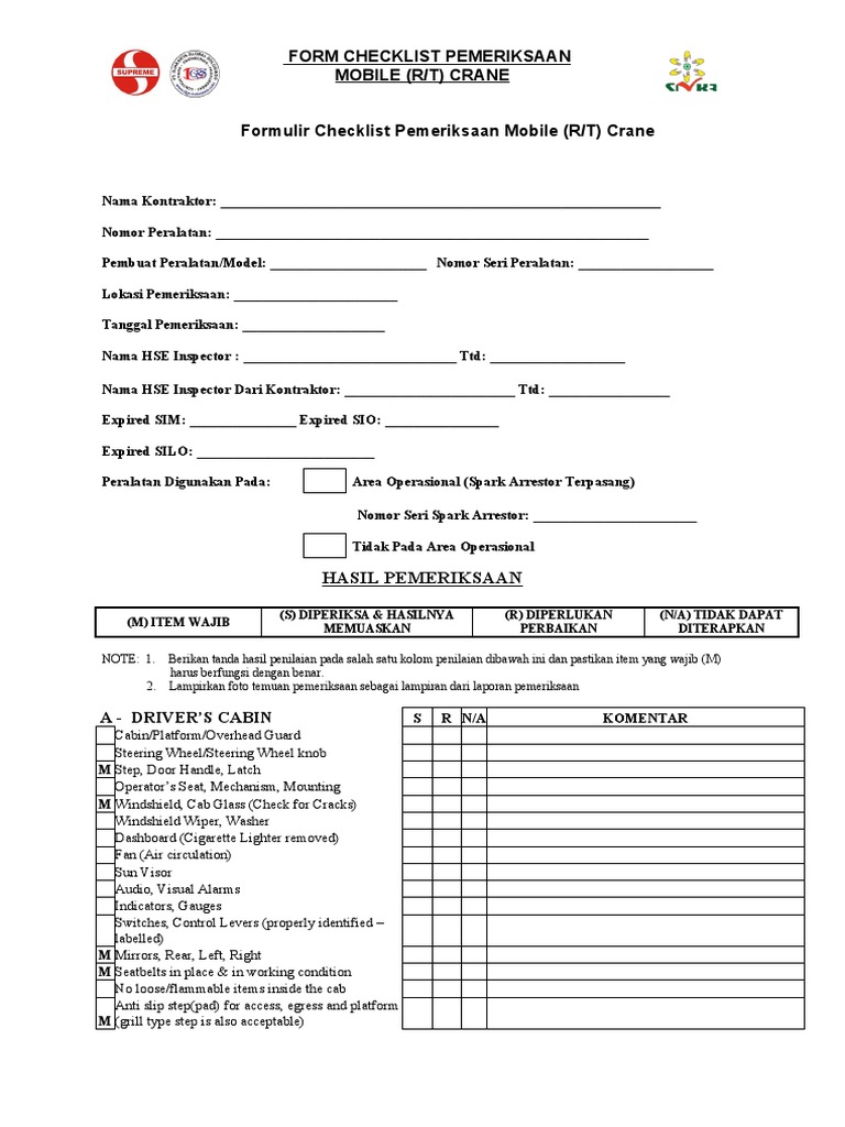 Formulir Checklist Pemeriksaan Mobile Crane | PDF | Axle | Steering