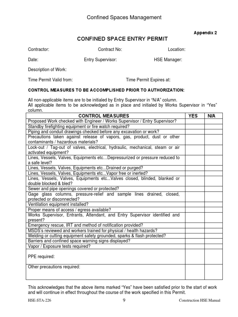 Confined Space Permit | PDF | Working Conditions | Workplace