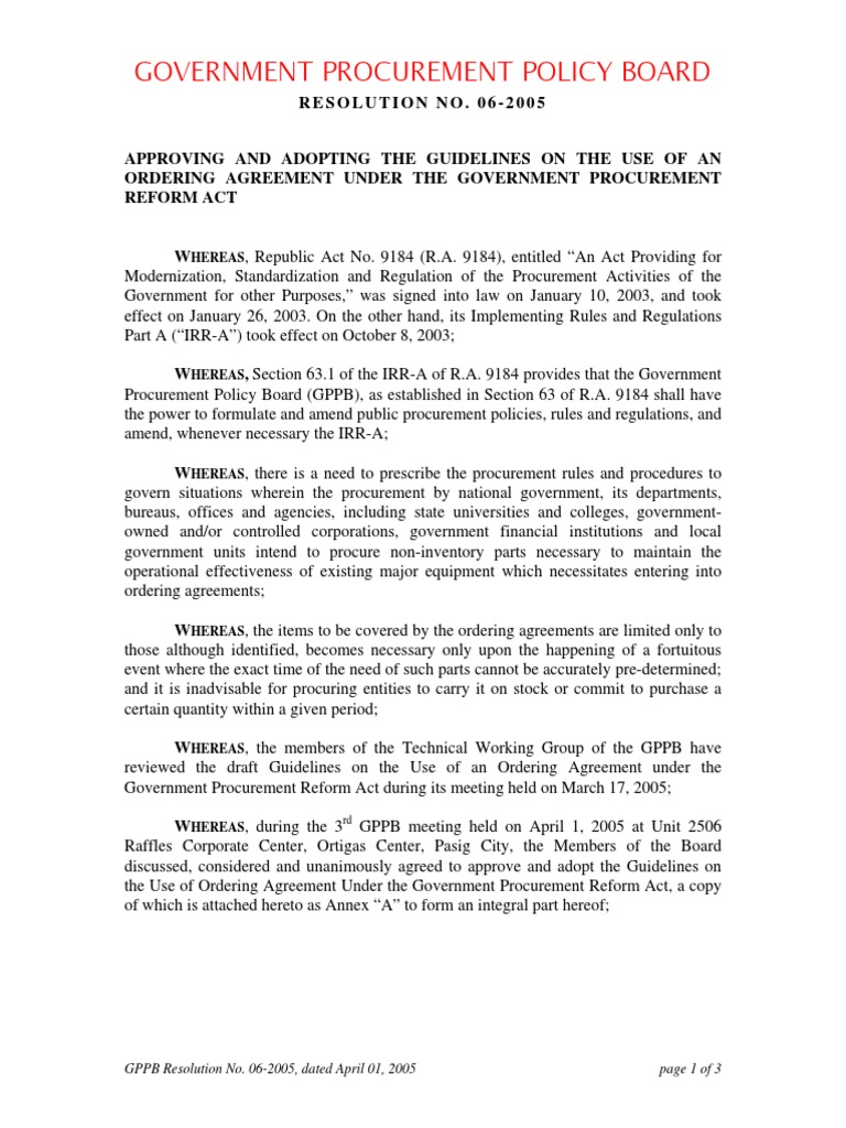 GPPB 2005 Resolution No. 06-2005 (Apr 2005) - Ordering Agreement | PDF | Procurement | Business