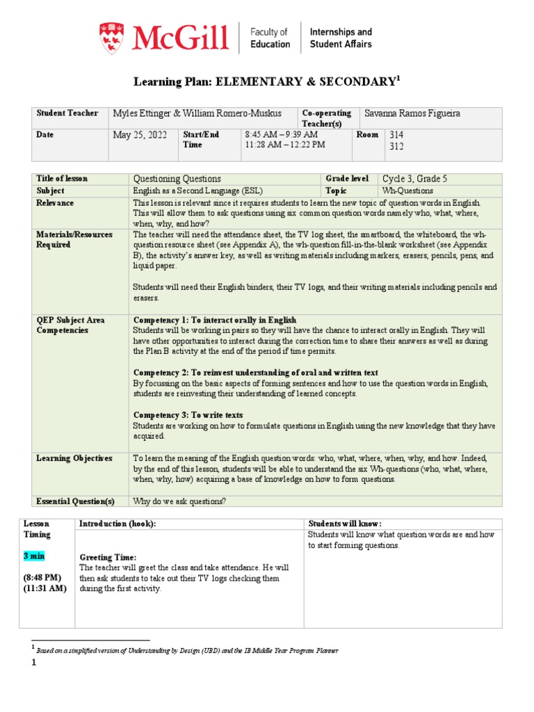 May 25th Lesson Plan 5th Grade | PDF | Question | Teachers