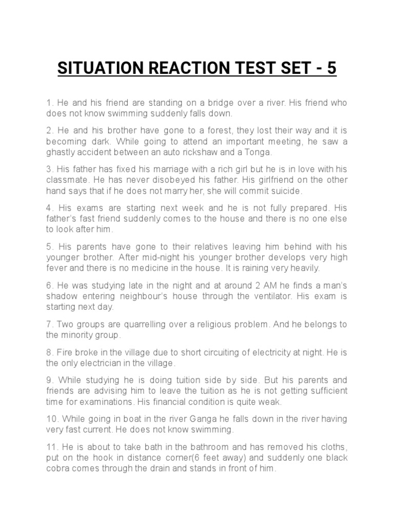 Situation Reaction Test Set - 7 | PDF