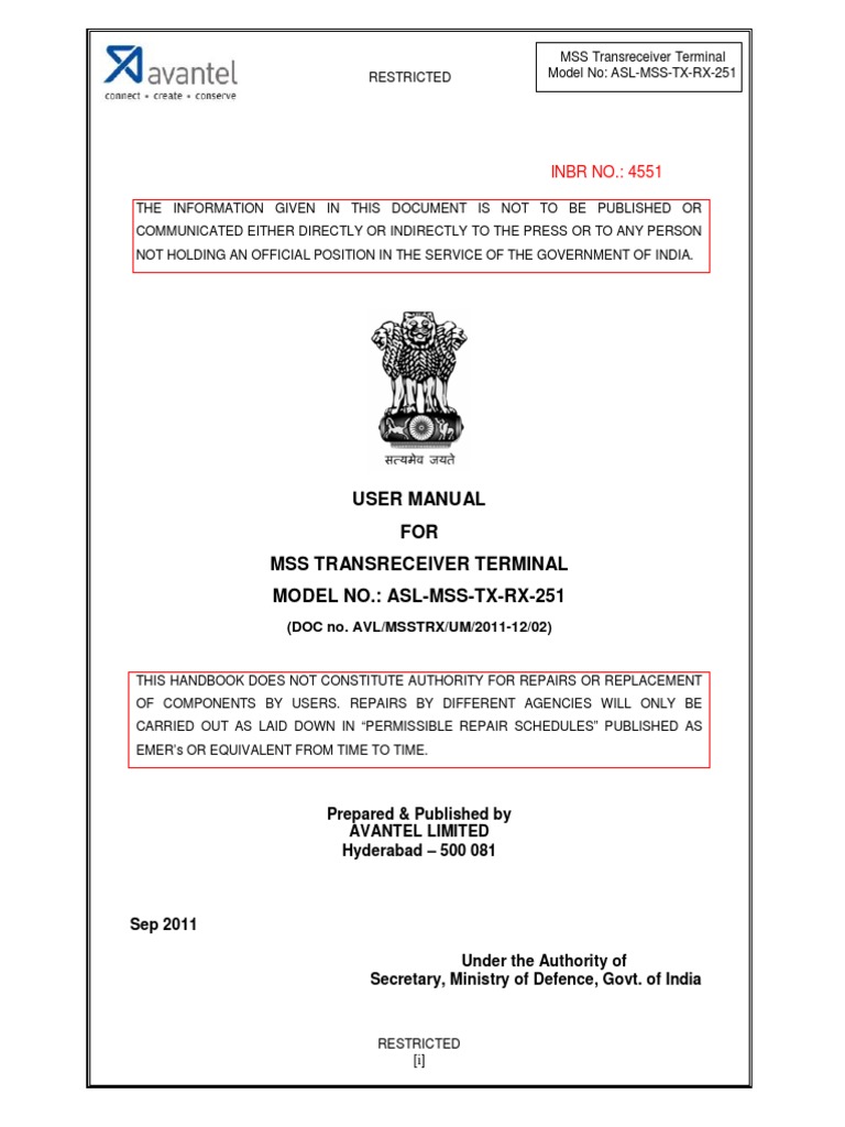 User Manual FOR Mss Transreceiver Terminal Model No.: Asl-Mss-Tx-Rx-251 ...