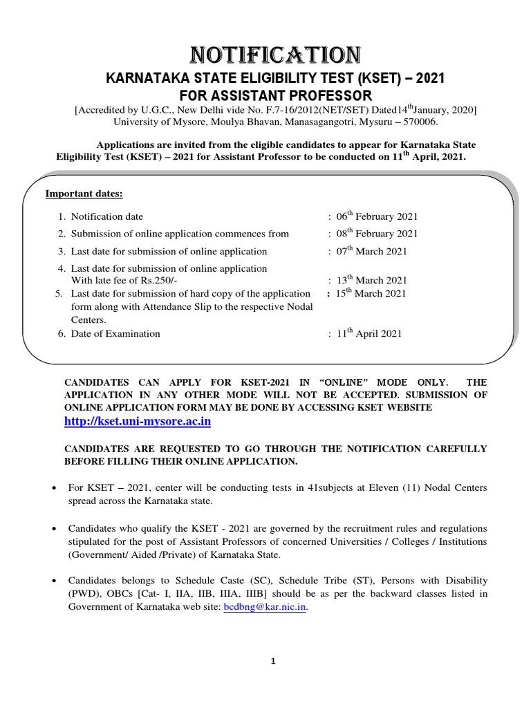 KSET Notification 2021 Eng Updated 18-02-2021 | PDF | Chemistry | Physics