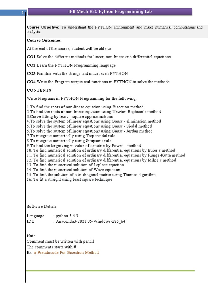1 Ii Ii Mech R20 Python Programming Lab Pdf Eigenvalues And Eigenvectors Numerical Analysis