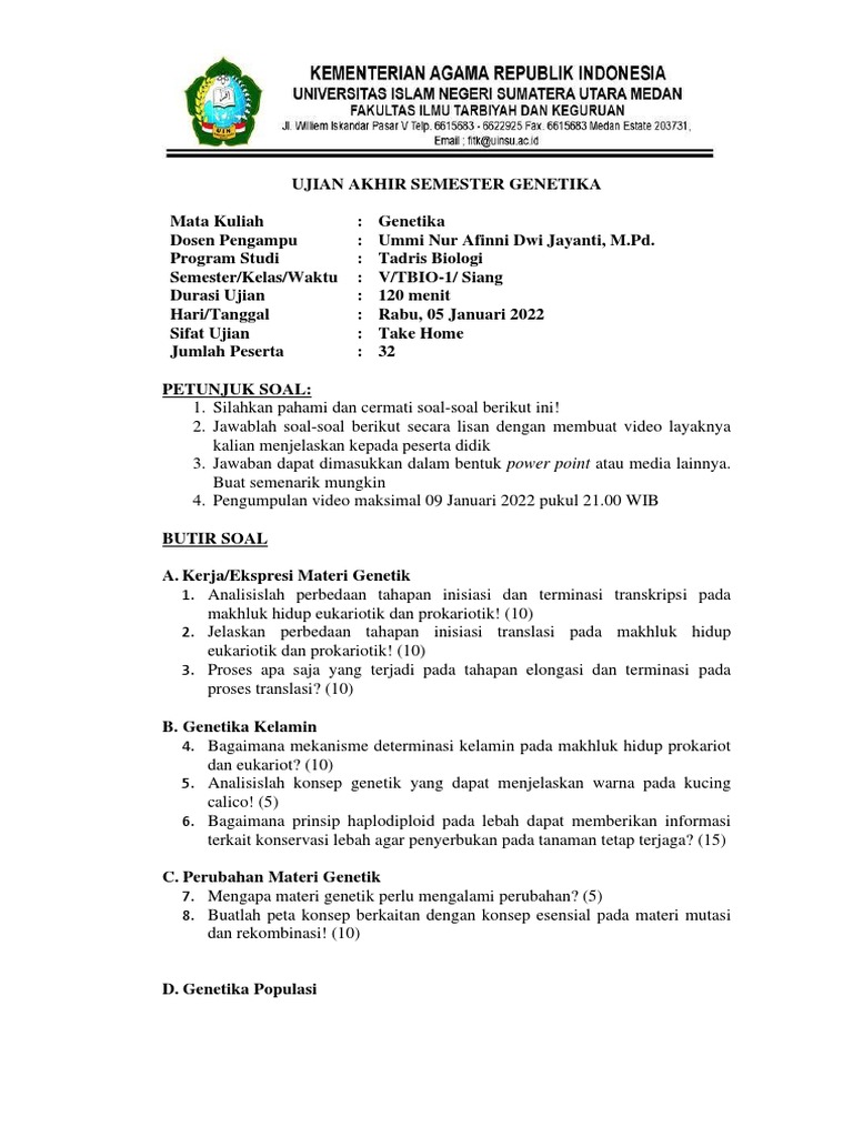 Ujian Genetika: Soal dan Petunjuk | PDF | Kesehatan Holistik | Sains & Matematika