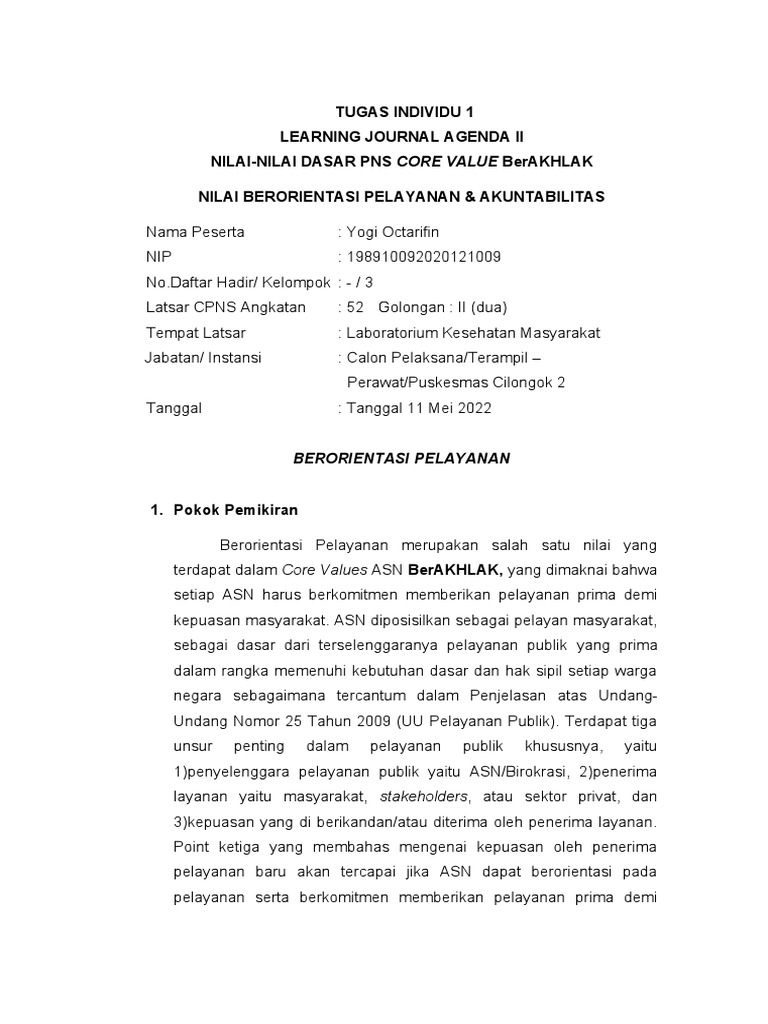 Tugas Learning Jurnal Agenda 2 Berorientasi Pelayanan, Akuntabel | PDF