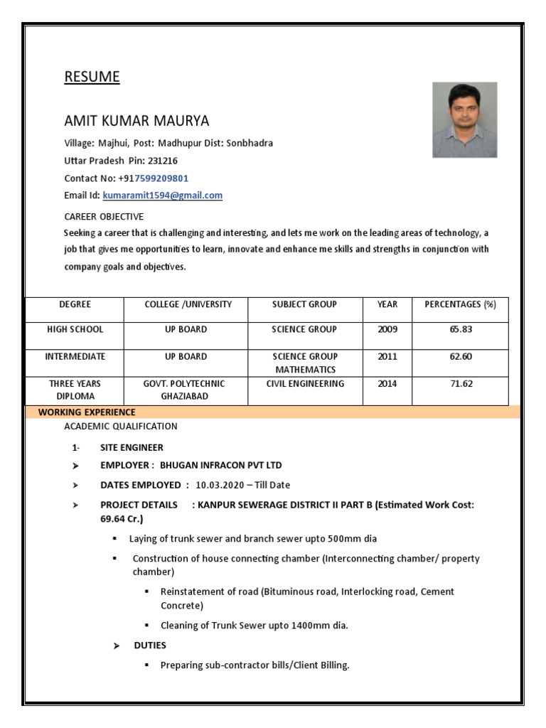 Resume Amit Kumar Maurya | PDF | Sewerage | Civil Engineering