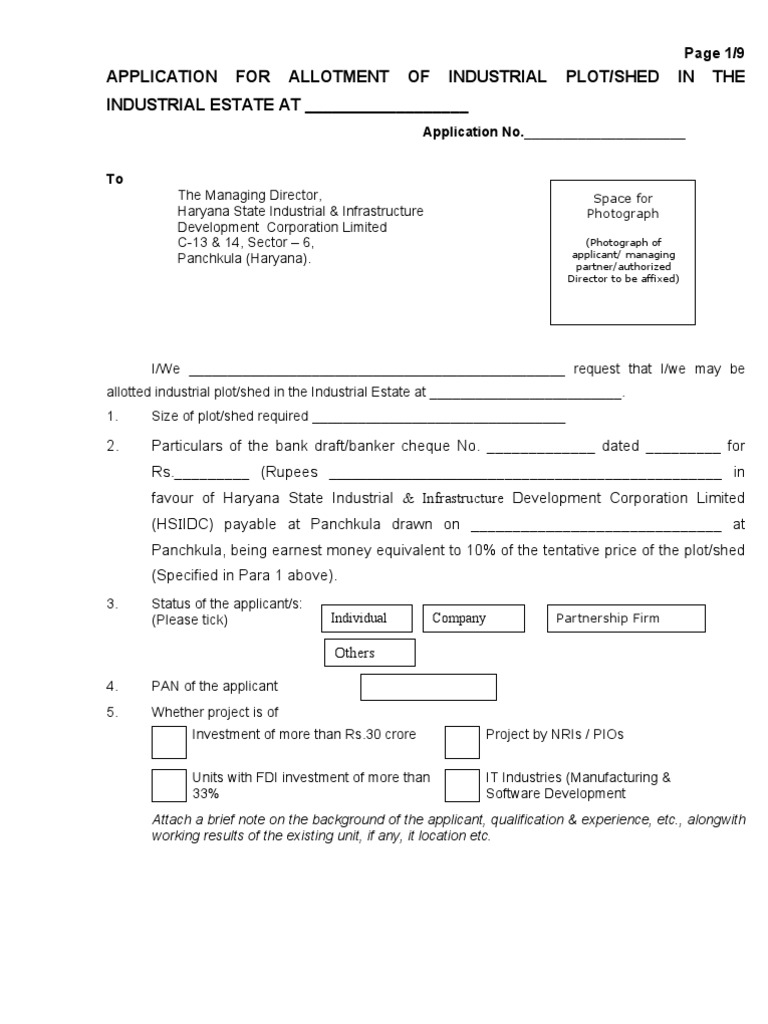 Application For Allotment of Industrial Plot/Shed in The INDUSTRIAL ...